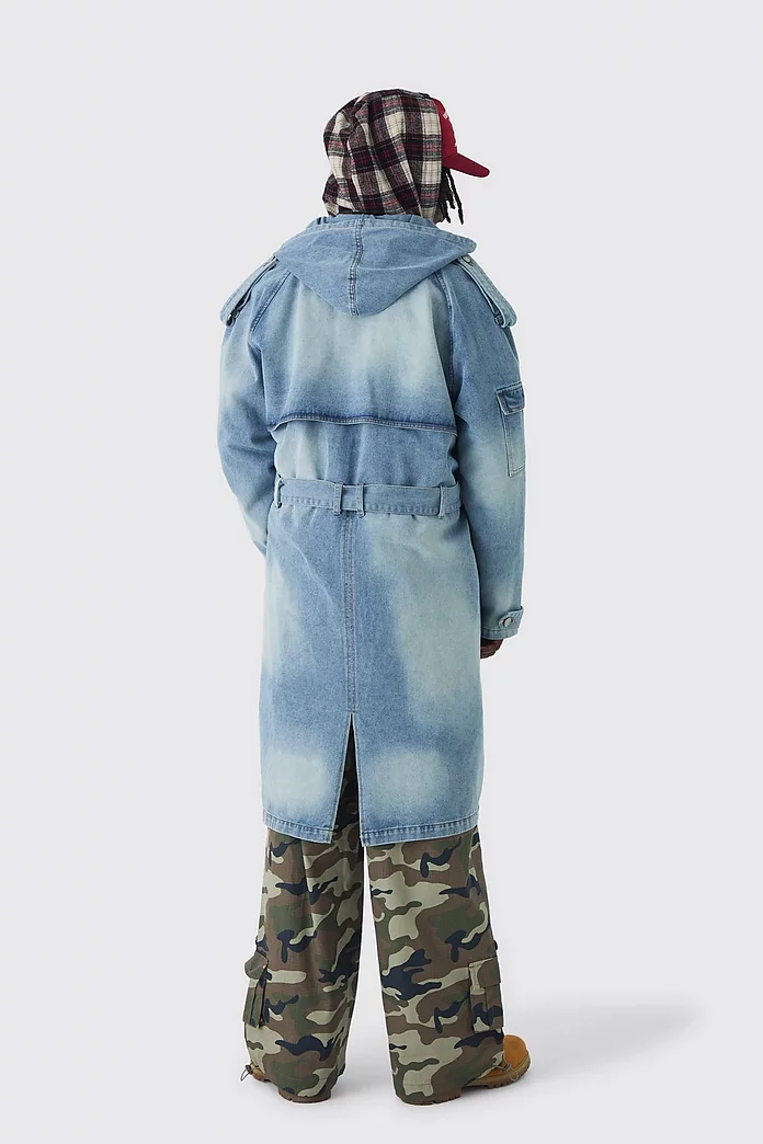 Oversized Hooded Denim Trench Coat | boohooMAN USA Oversized Hooded Denim Trench Coat | boohooMAN USA